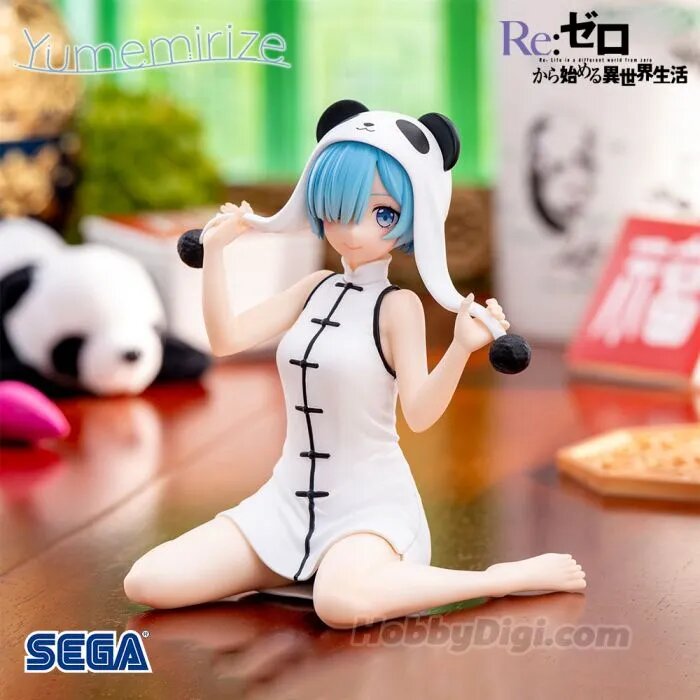 Фигурка Рем из Re: Zero, в панда-шапке и ципао, поза на коленях, высота 13 см