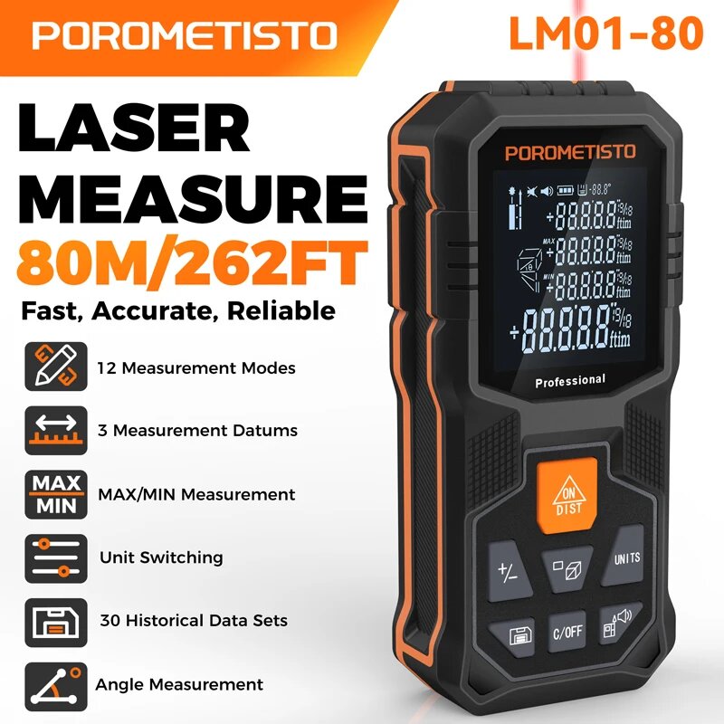 Лазерный дальномер-угломер POROMETISTO 2-в-1, 50м/80м, для измерения расстояния/площади/объема/вычисления по теореме Пифагора