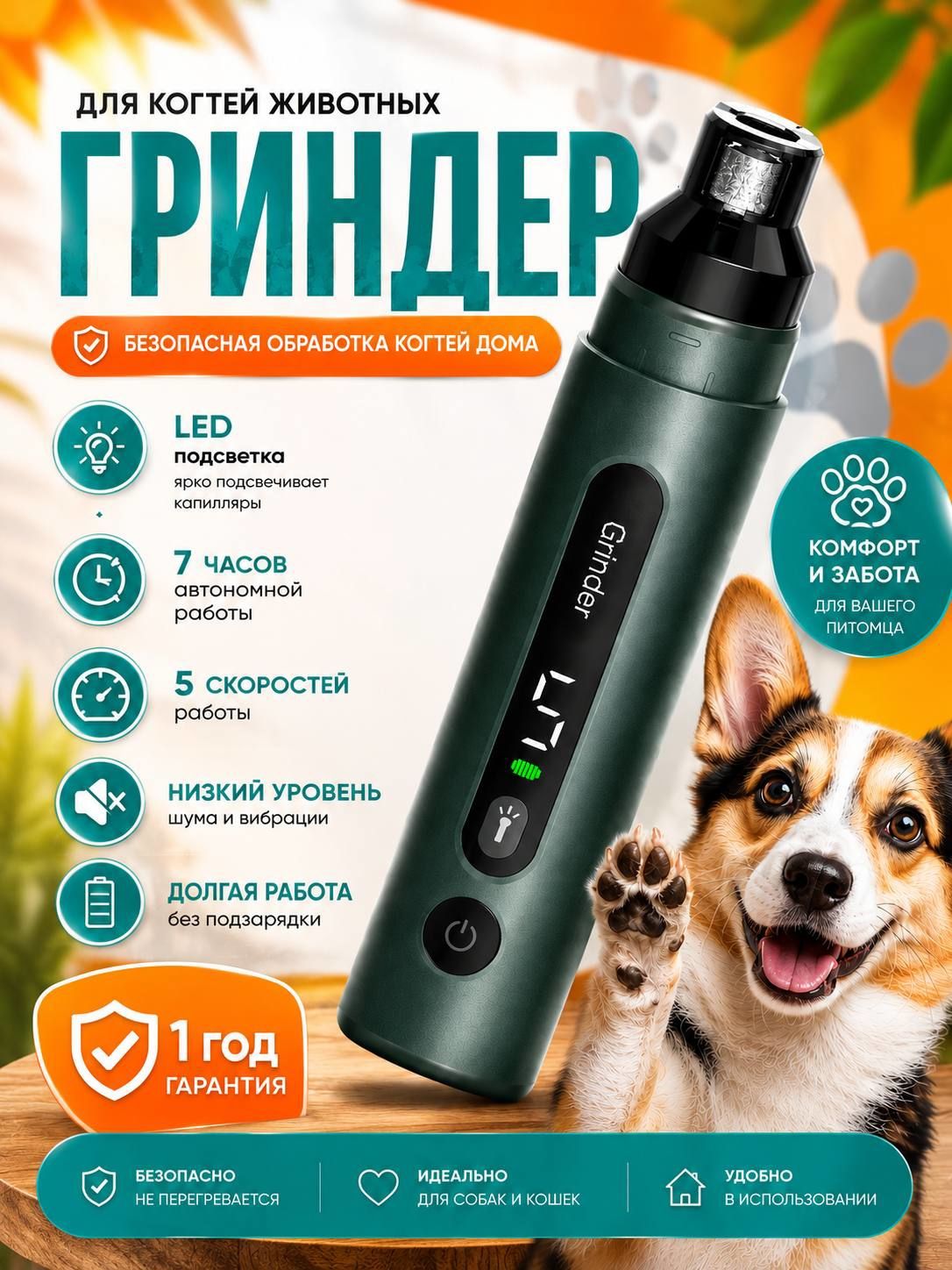 Гриндер для когтей собак и кошек, электрический когтерез, беспроводной, LED-подсветка, 5 скоростей, USB