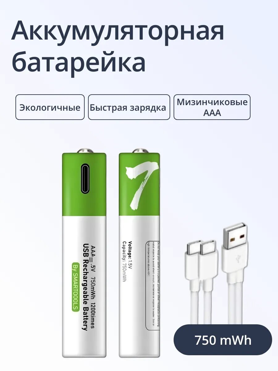 Батарейки Тип ААА мизинчиковые, емкость 750 mWh, 2 шт