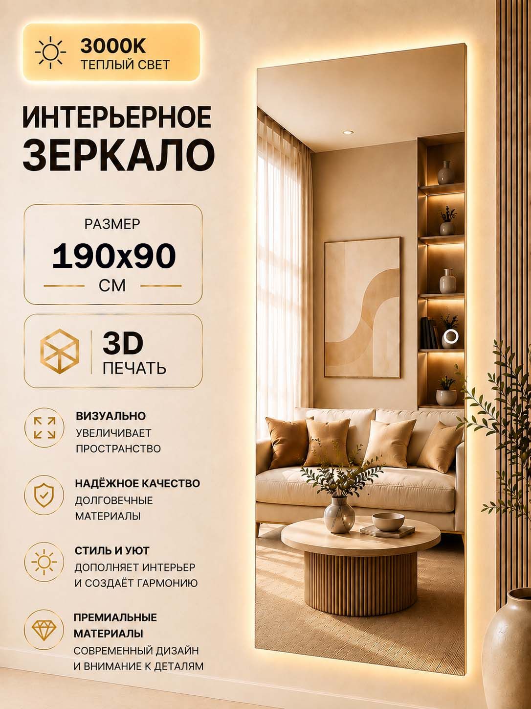 Зеркало настенное с подсветкой 3000К без окантовки 190х90