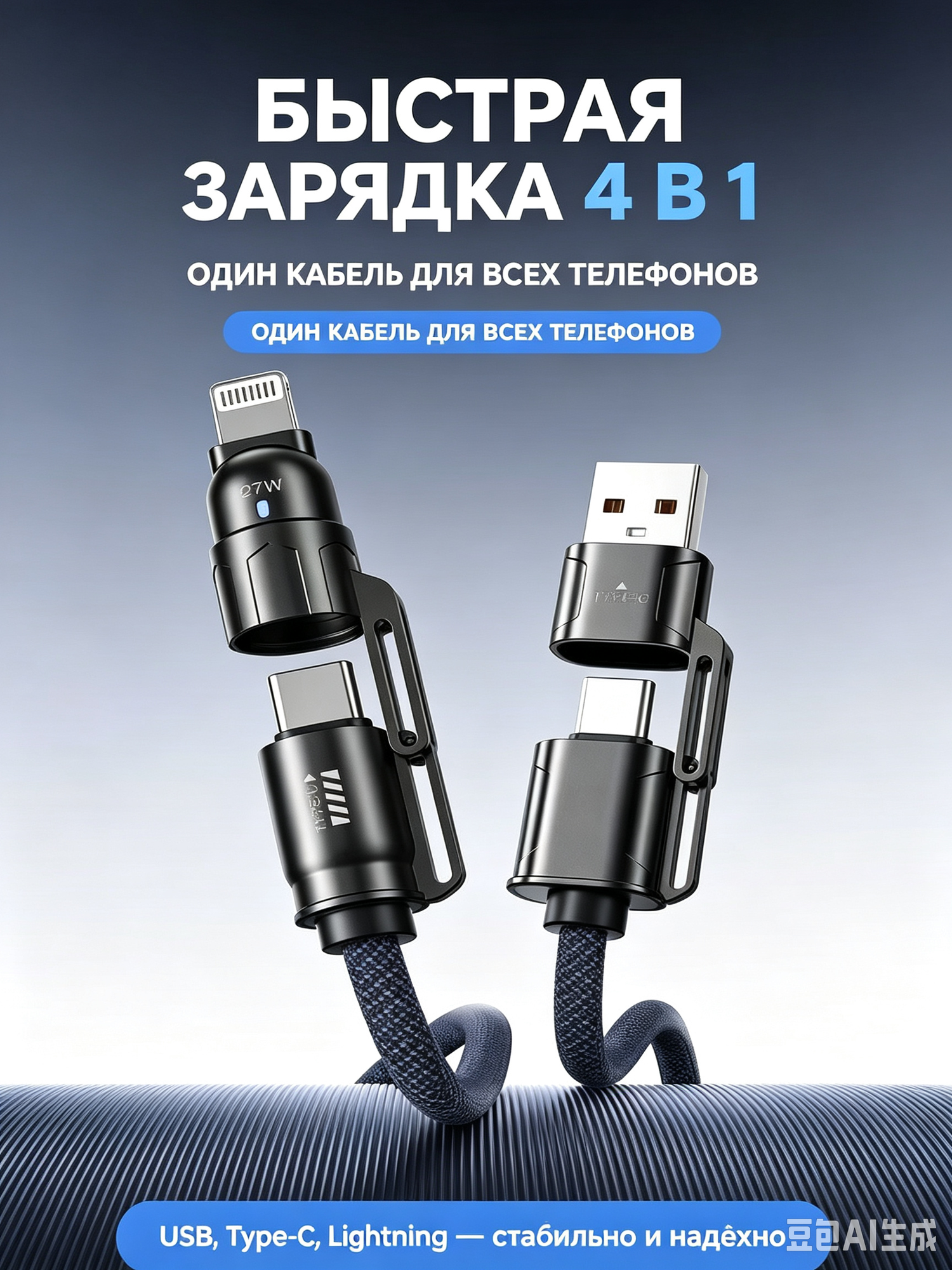 1,8-метровый кабель для быстрой зарядки мобильного телефона USB toType-C с преобразованием "четыре в одном"