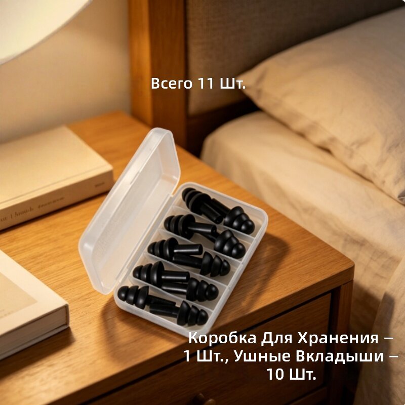 Силиконовые многоразовые беруши, комплект 11 шт, черные, с футляром для плавания, сна, учебы, чтения и работы