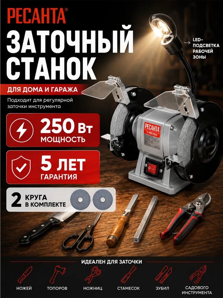 Точильный станок Ресанта Т-150/250, 250 Вт, круг 150 мм, с подсветкой, 5 лет гарантии
