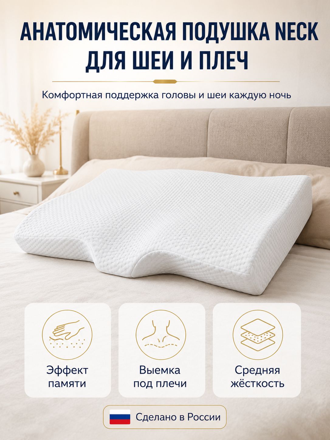 Подушка ортопедическая для шеи и плеч Neck 58х33 см