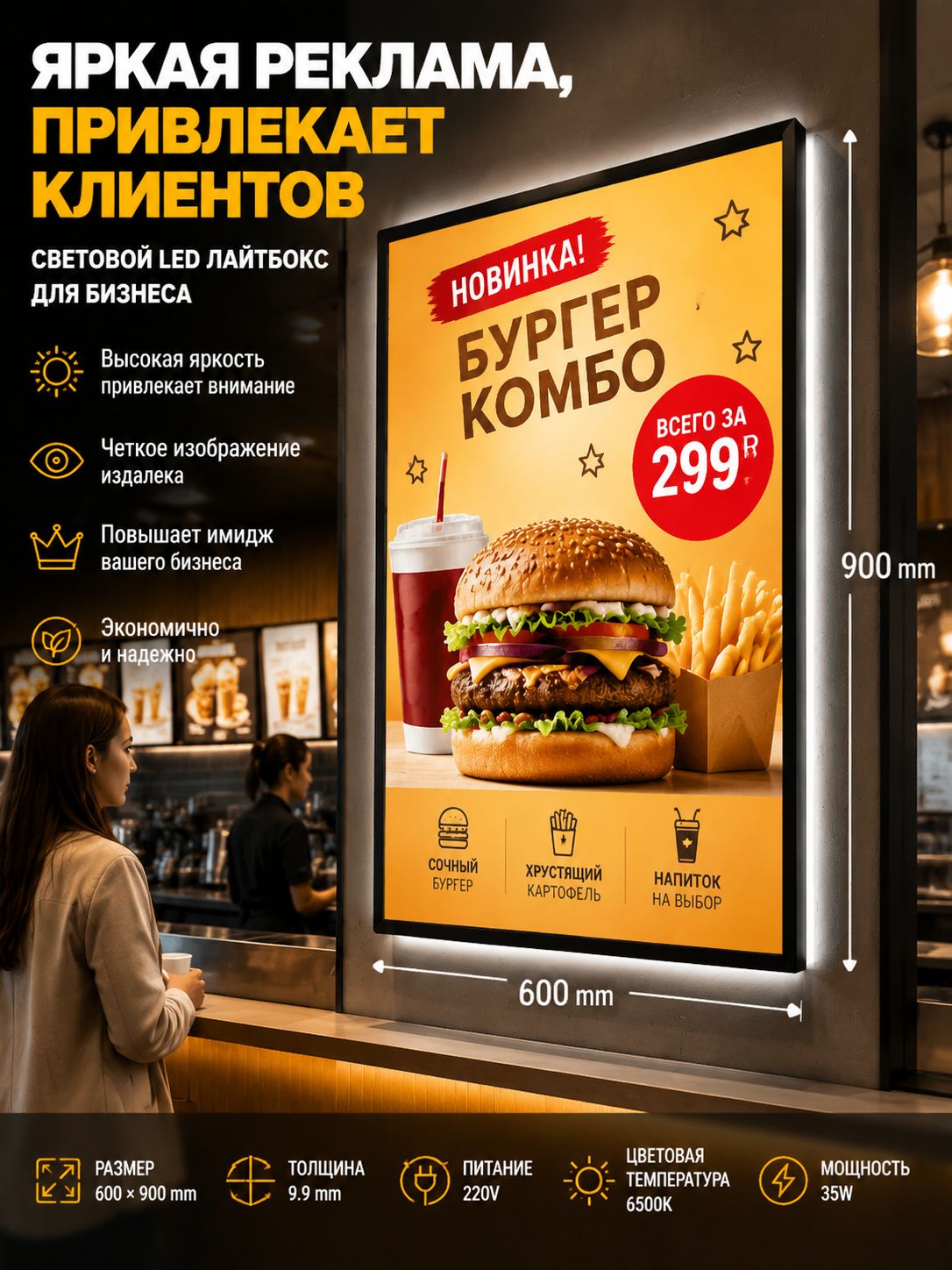 Световой короб настенный магнитный, световая LED панель для рекламы 600х900 мм, ультратонкий лайтбокс для меню кафе и магазина