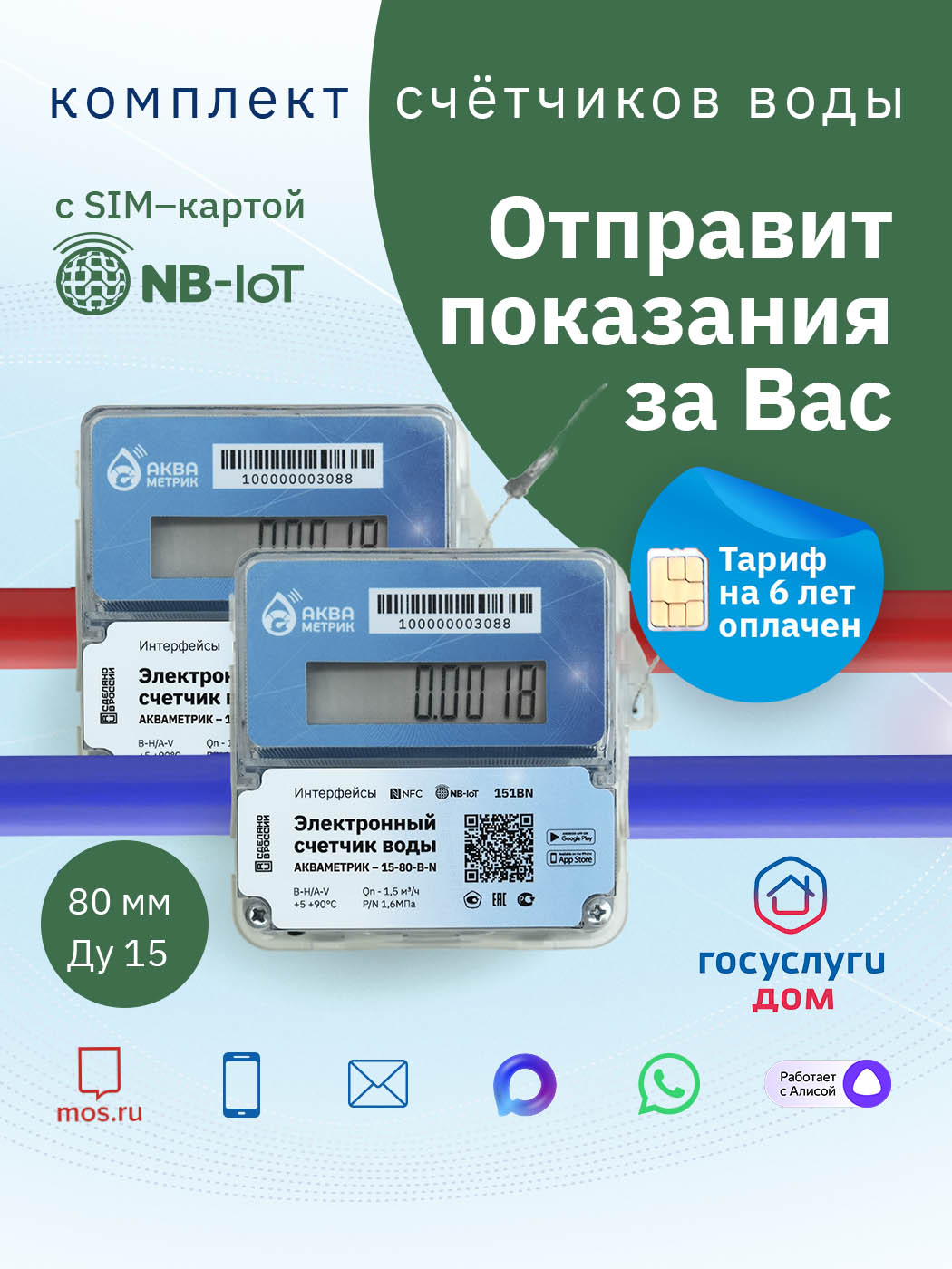 Умные счетчики воды электронные АкваМетрик Nb-IoT 80 мм с тарифом на 6 лет (комплект 2 шт)