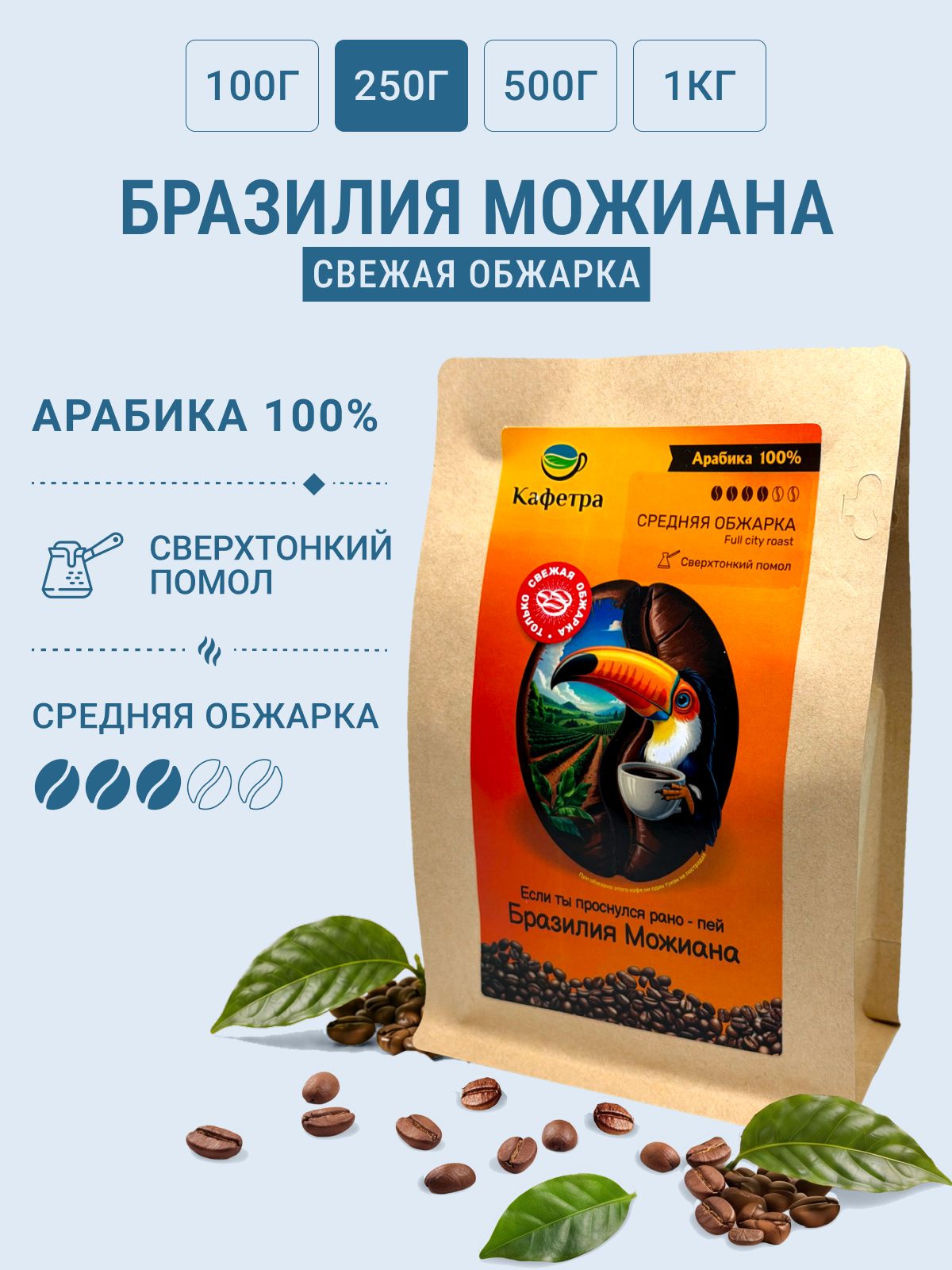 Кофе молотый свежей обжарки сверхтонкого помола для турки Арабика Бразилия Можиана Full City Roast - Кафетра - 500г