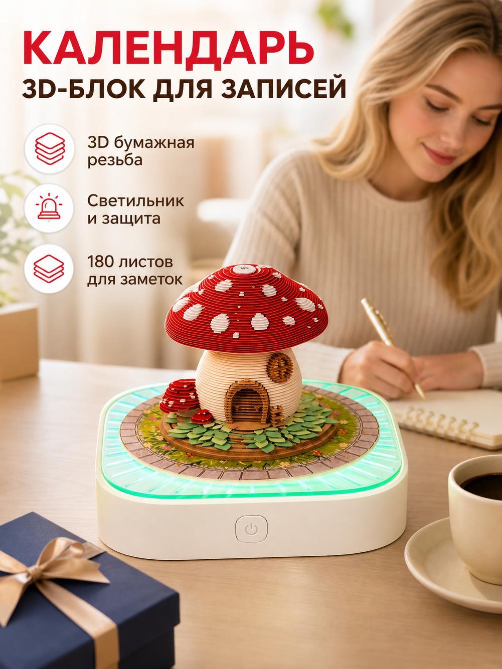 Календарь на 2027 год в виде 3D-скульптуры из бумаги, дизайн грибной домик , с подсветкой; украшение для рабочего стола.