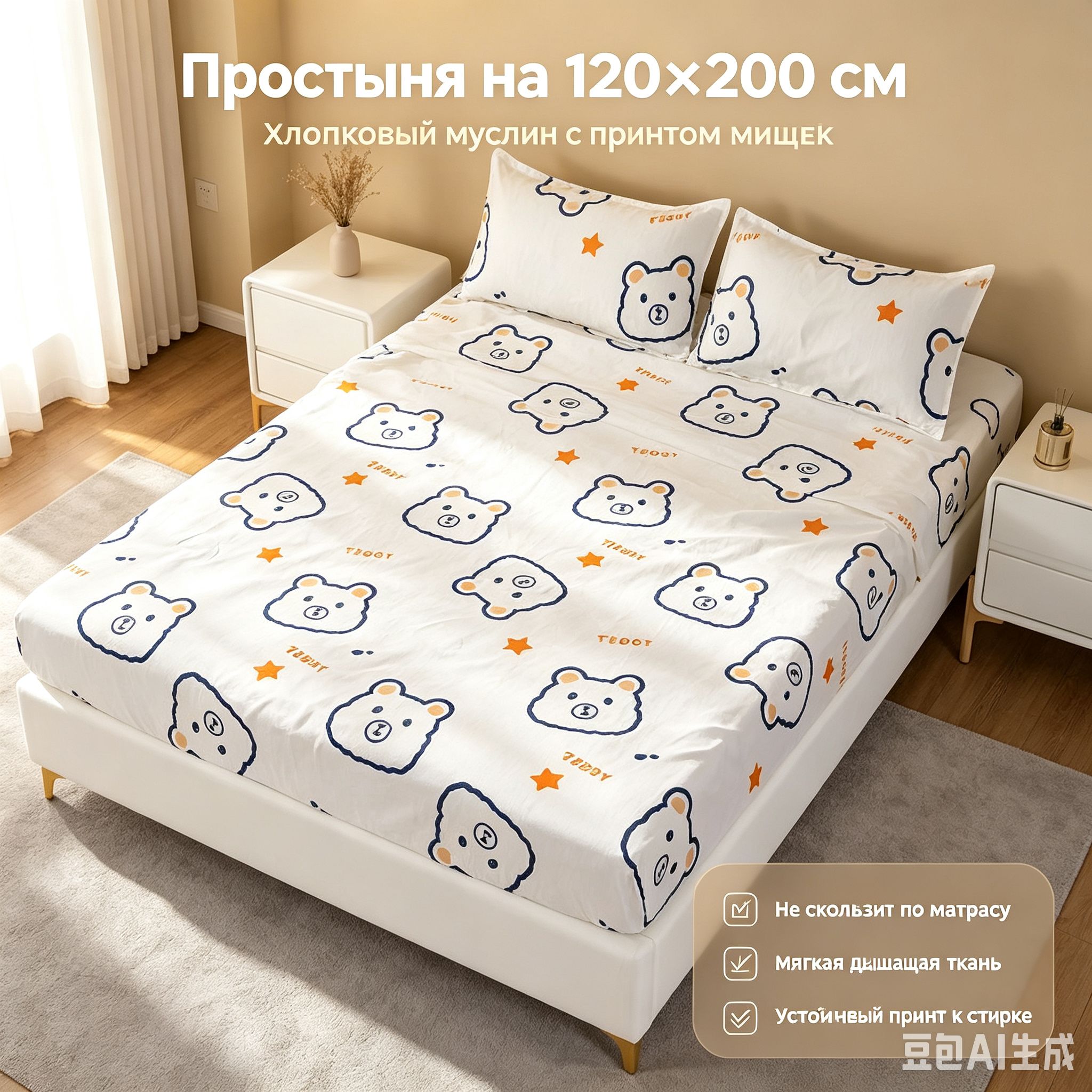 Простыня на резинке 120x200 см муслин, разноцветный однотонный