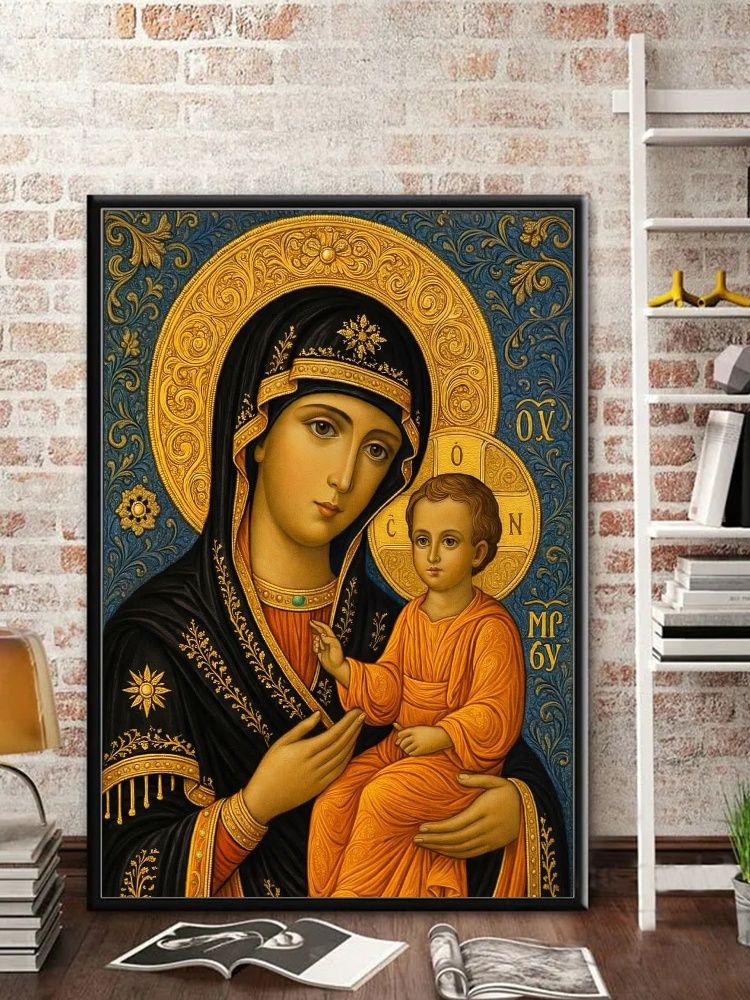 Плакат "Картина на холсте без рамы, православная икона Богоматери с Младенцем Иисусом, византийский настенной декор для молитвенного уголка и подарка верующим", 70х50 см