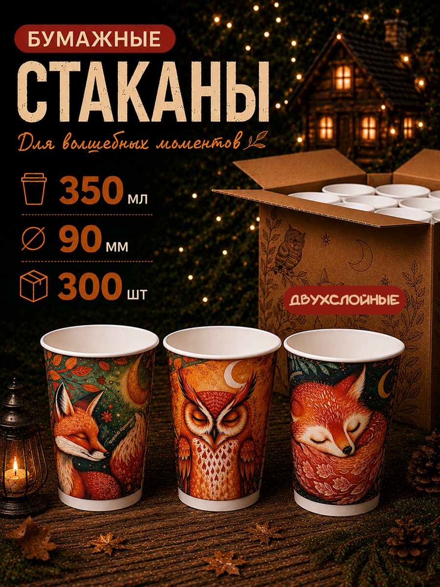 Двухслойные стаканы бумажные для горячих и холодных напитков "Осенняя сказка" 350 мл, 300 шт