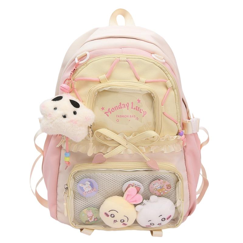 Школьный рюкзак Ита-бэг (Ita Bag) с прозрачным окном для значков — кавайный рюкзак с мягкими игрушками, фигурками и значками - Кремовый (+розовый и желтый)