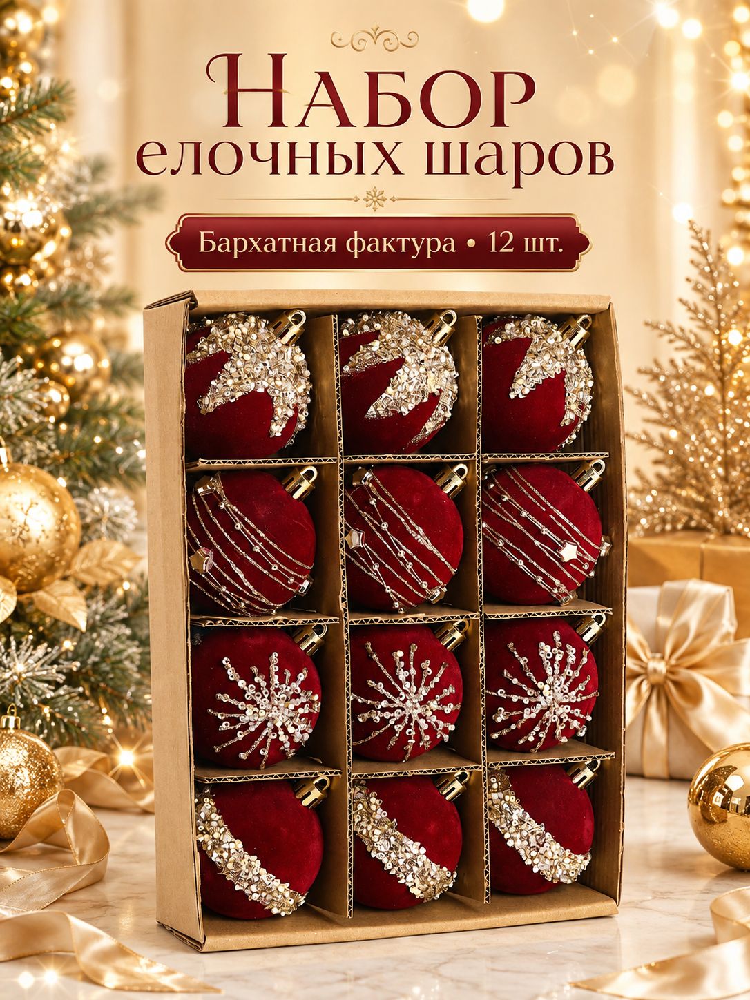 Елочный шар 6 см шар малиновый 12 шт
