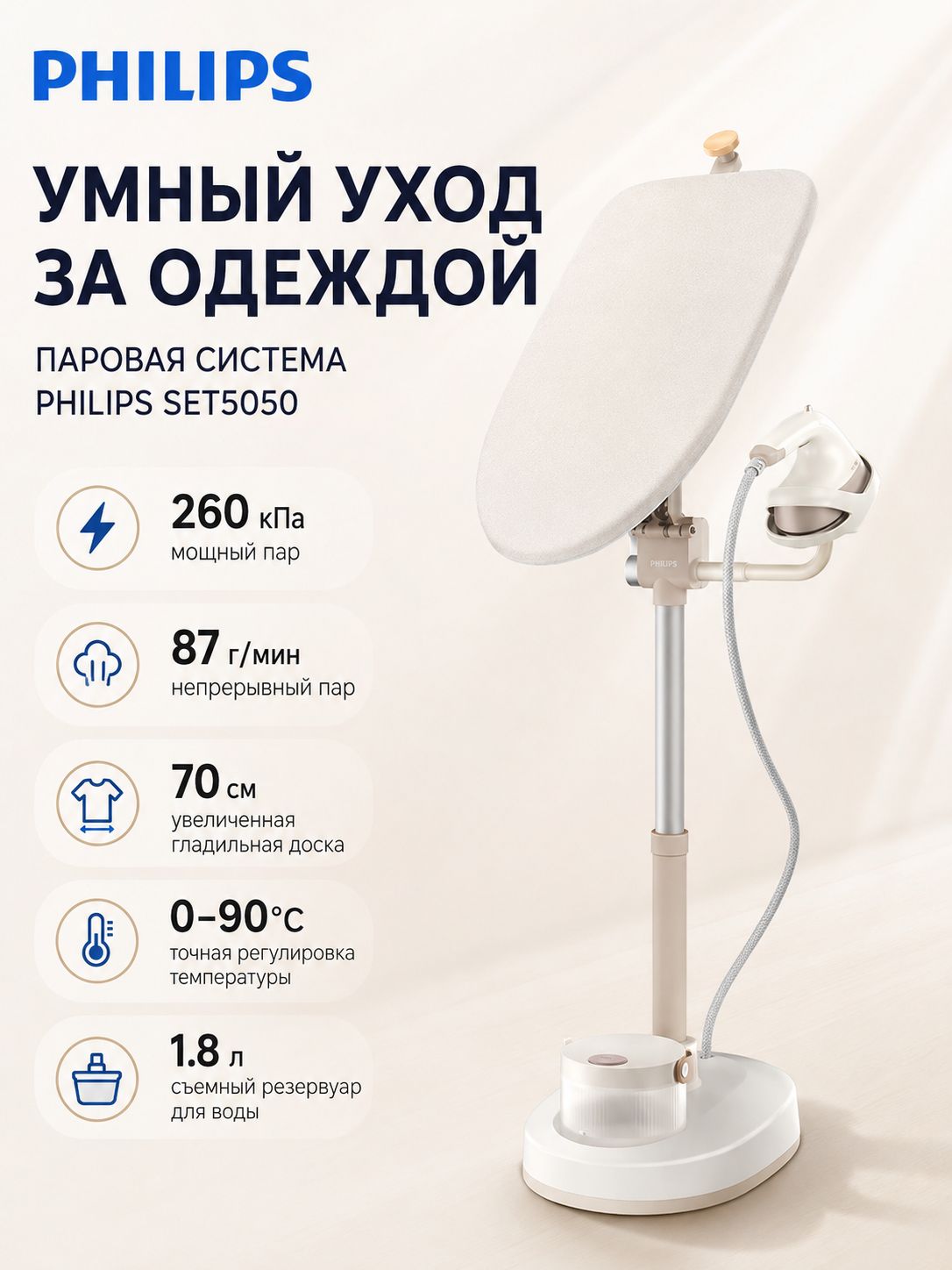 Отпариватель Philips, большая подошва, турбопар, стерилизация, удаление клещей, регулировка угла, 1.8 л