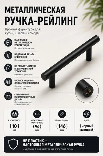 Ручка мебельная рейлинг металлическая 96 мм черная матовая, комплект 10 шт, для кухни и шкафа
