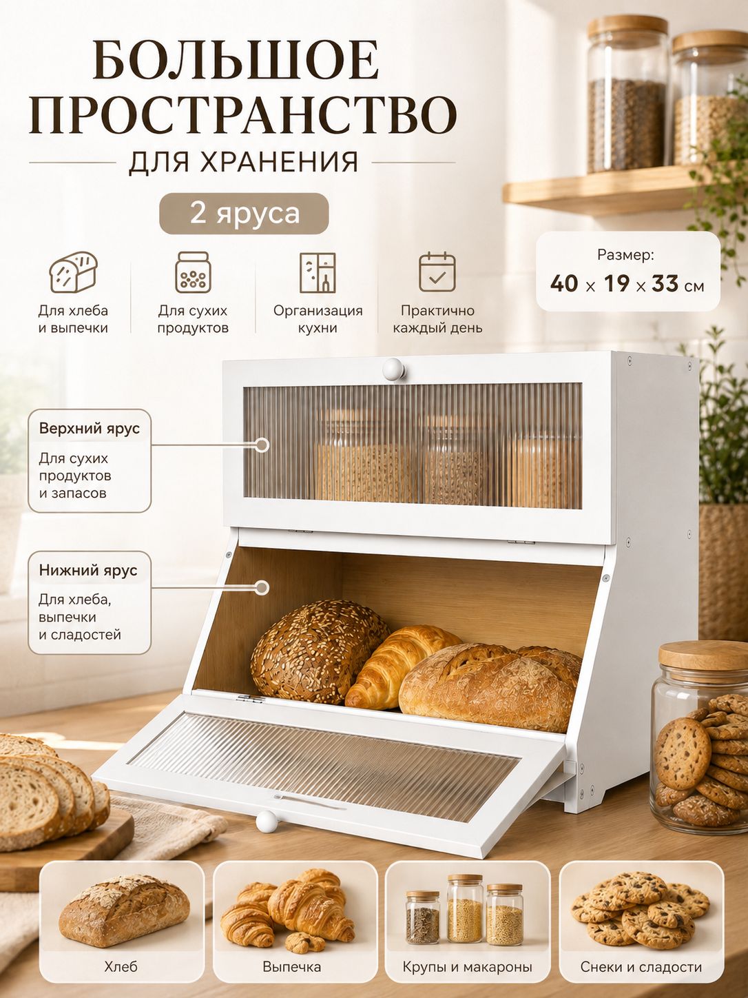 Хлебница для кухни из натурального дерева белого цвета размером 40x25x33 см вместительная модель для хранения хлеба
