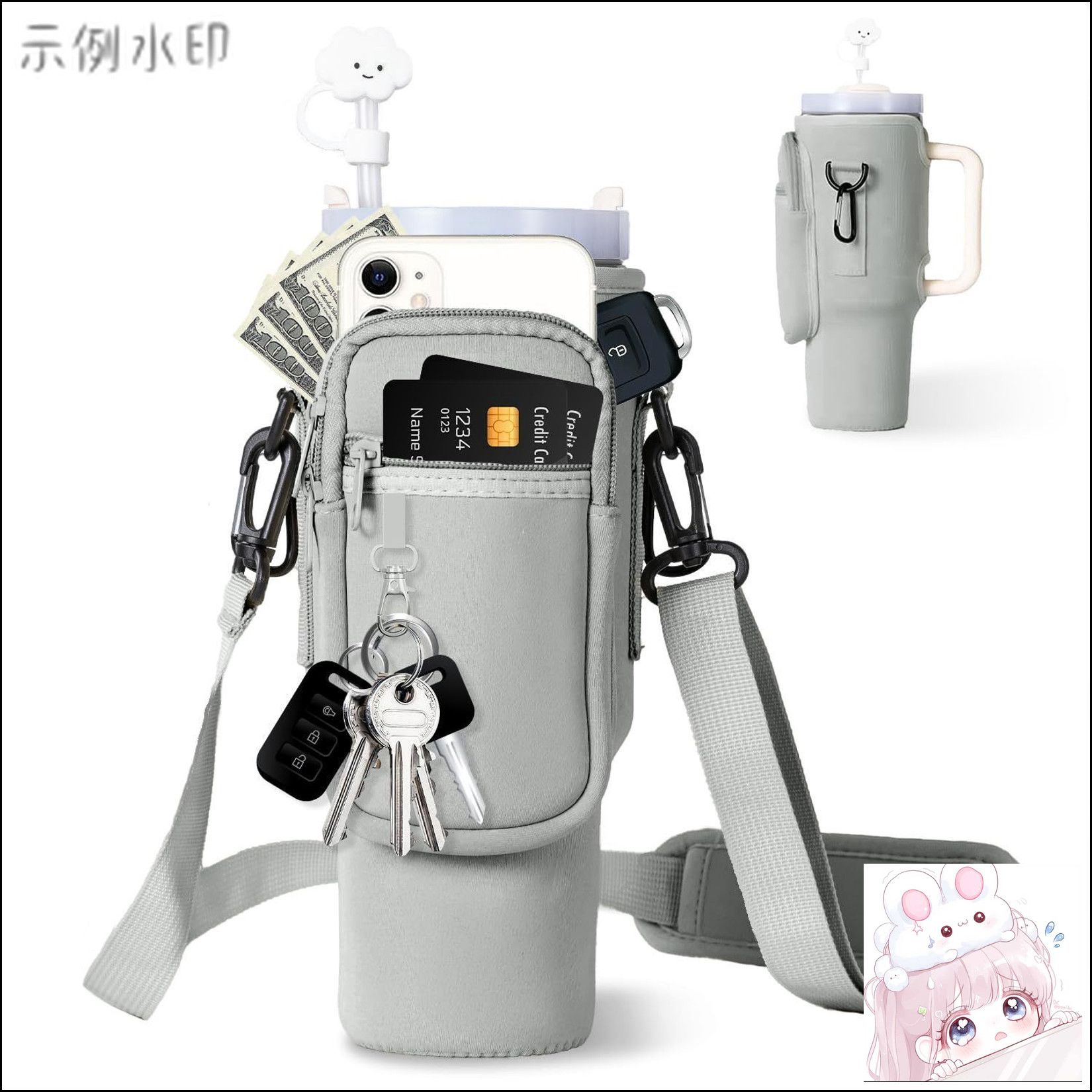 Чехол для бутылки Stanley 40oz сумка переноска из неопрена светло-серая с ремнем регулируемым для воды термоса