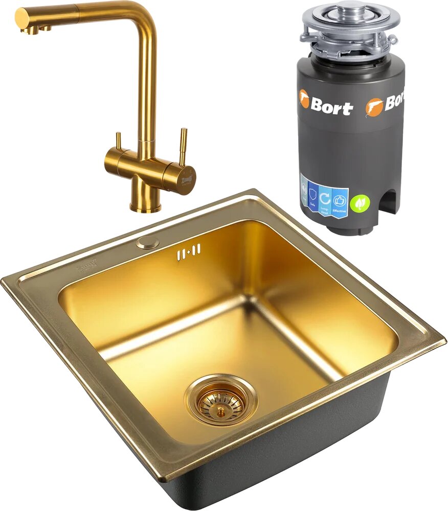 Комплект Мойка Zorg Inox PVD SZR-5050 50x50, bronze, нержавеющая сталь / Смеситель Inox SZR-7039 BRONZE бронза, бронза / Измельчитель Bort Titan 4000 электрический, нержавеющая сталь