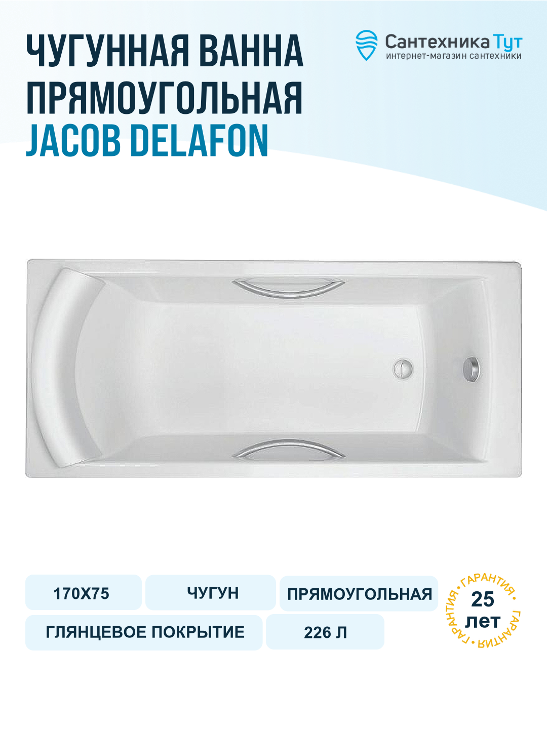Чугунная ванна Jacob Delafon Biove 170x75 E2938-00 с антискользящим покрытием Прямоугольная