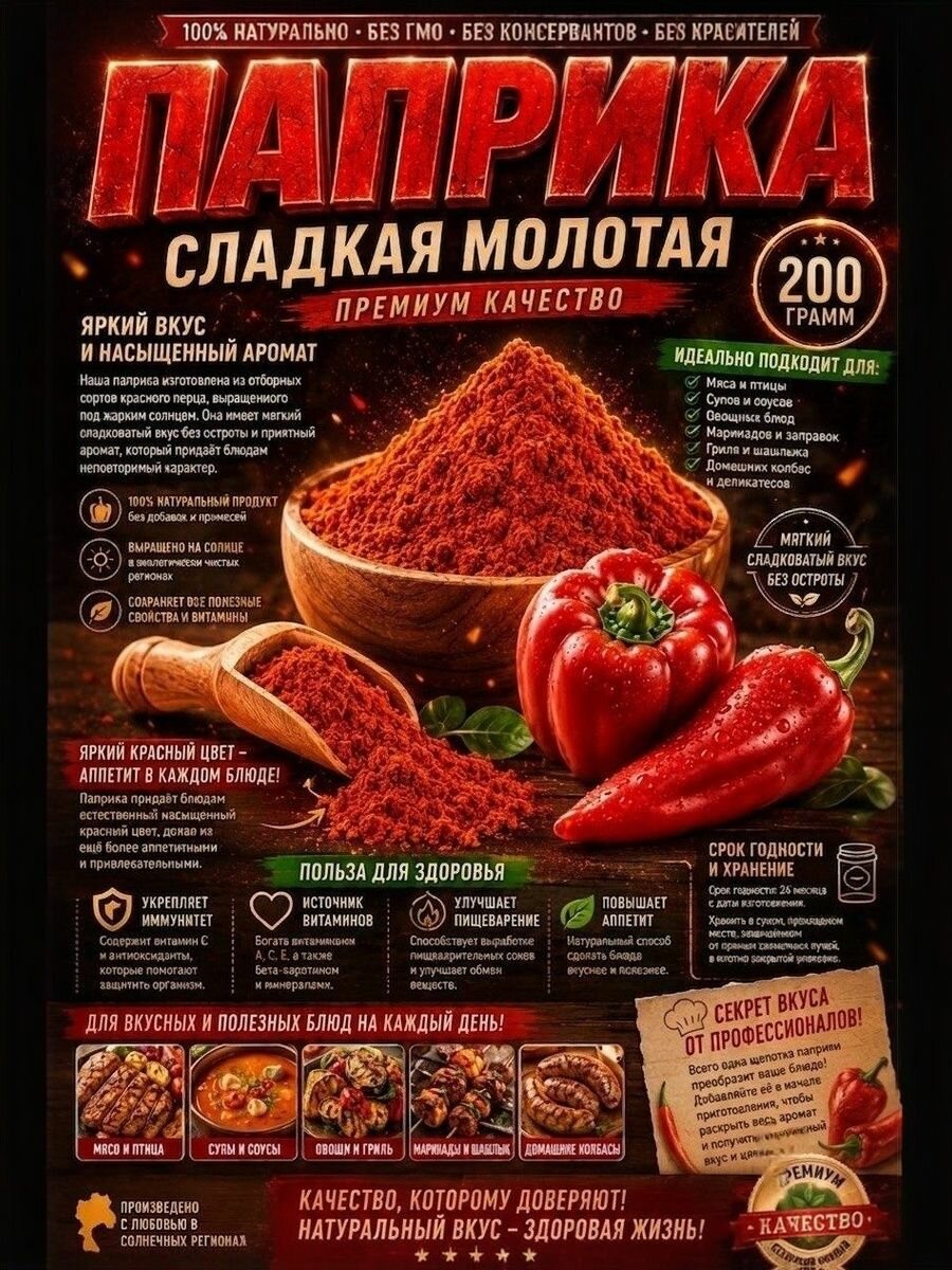Паприка сладкая молотая красная индийская в пакетике 200 г