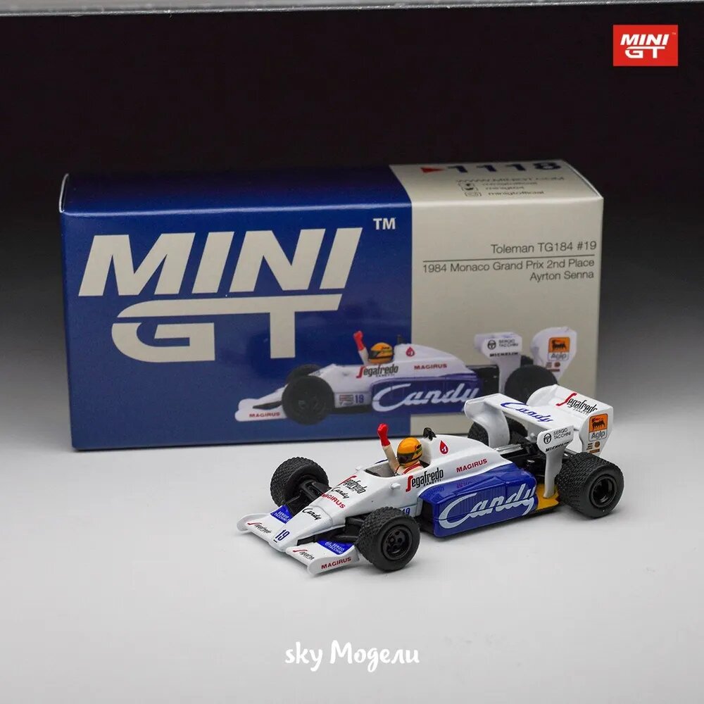 Машинка MINI GT 1:64 #1118 Toleman TG184 #19 Ayrton Senna 1984 Monaco Grand Prix 2nd Place