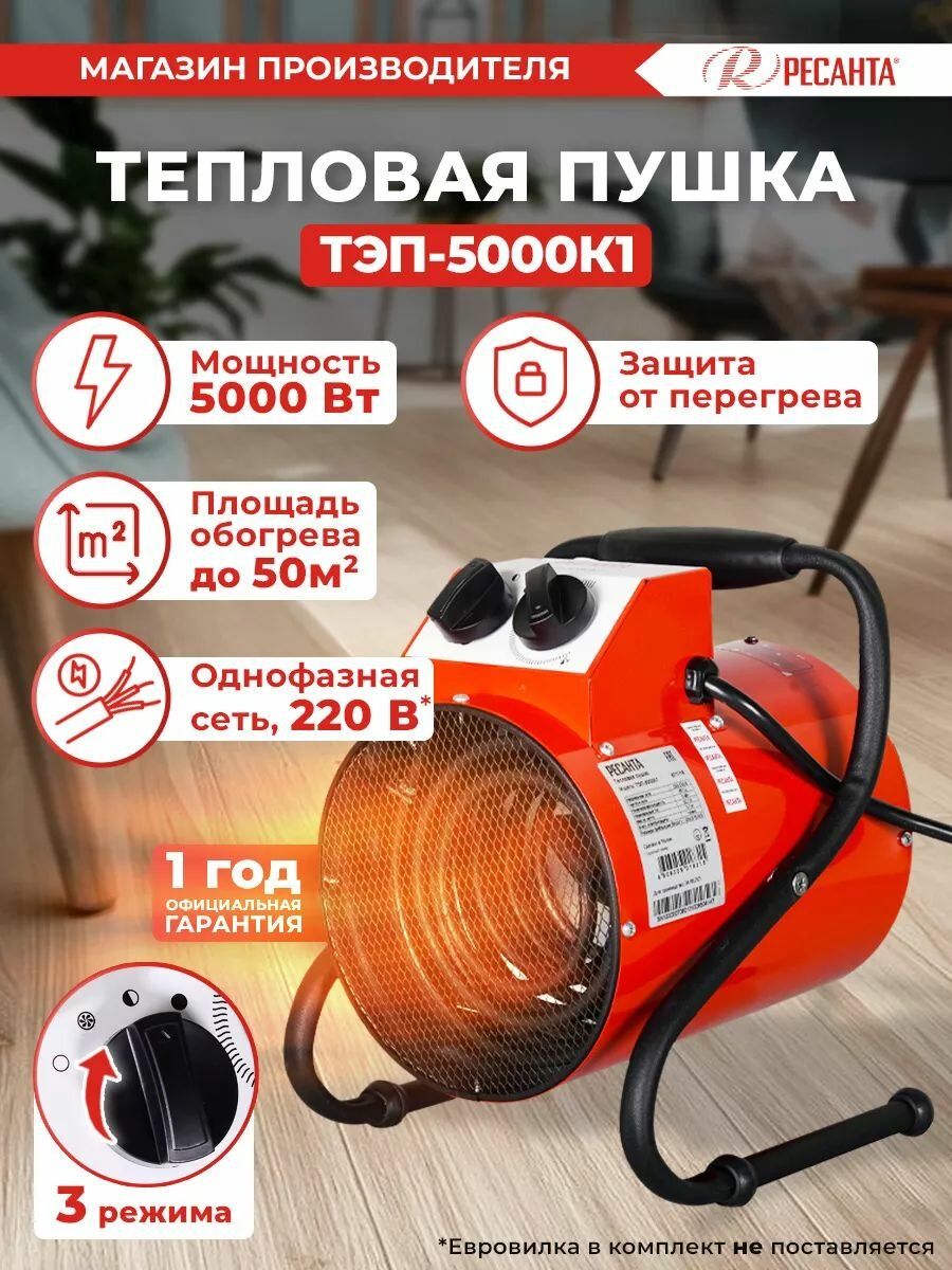 Тепловая электрическая пушка ТЭП-5000К1 круглая Ресанта - 50 м2 / 5000 Вт, от 220В ; обогреватель для дома