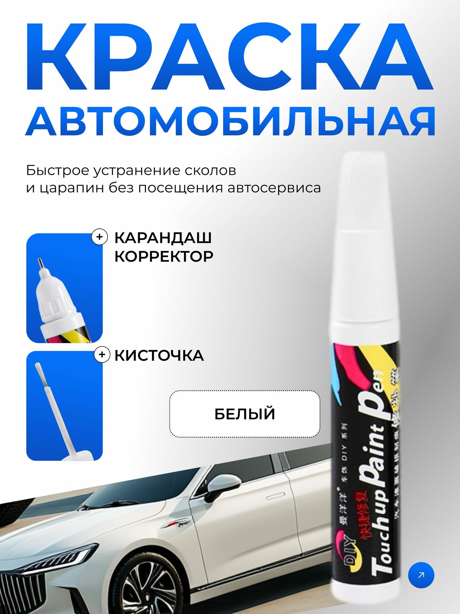 Краска для автомобиля белая. Подкраска для сколов и царапин. Лак для авто с кисточкой и корректором 12 мл Color Easy