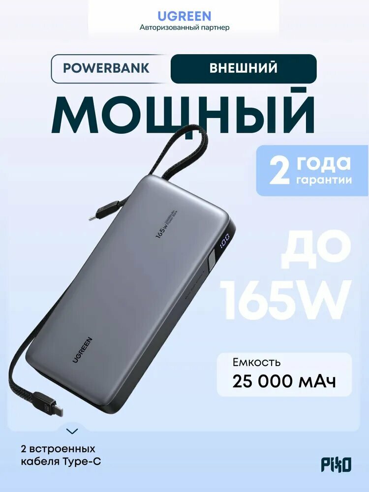 Внешний аккумулятор PowerBank Ugreen PB552 (55995B) 25000mAh 165W USB-A + USB-C + два встроенных кабеля Type-C, Серый