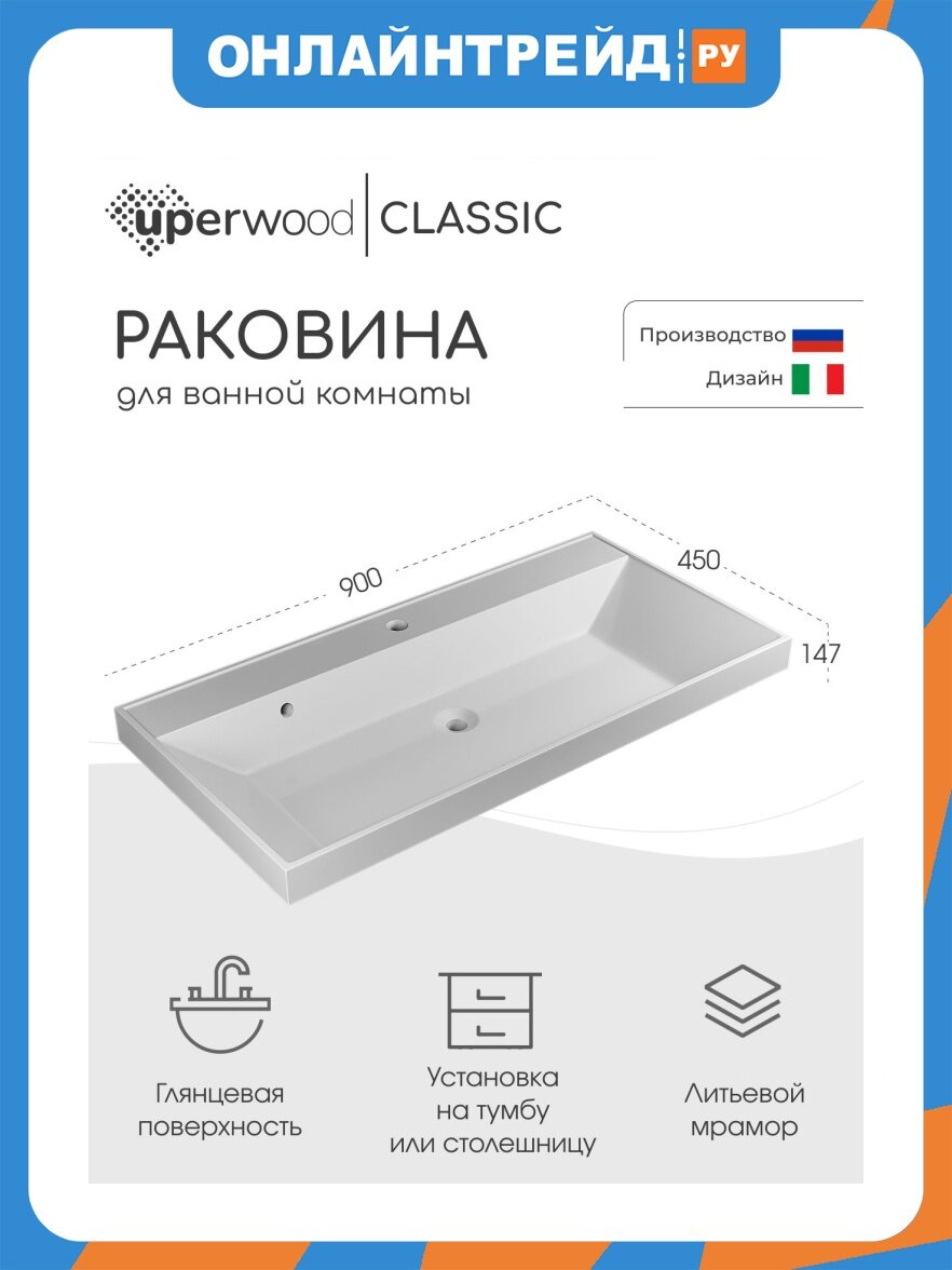 Раковина Uperwood для ванной Classic 90х45х14,5 см, белая глянцевая