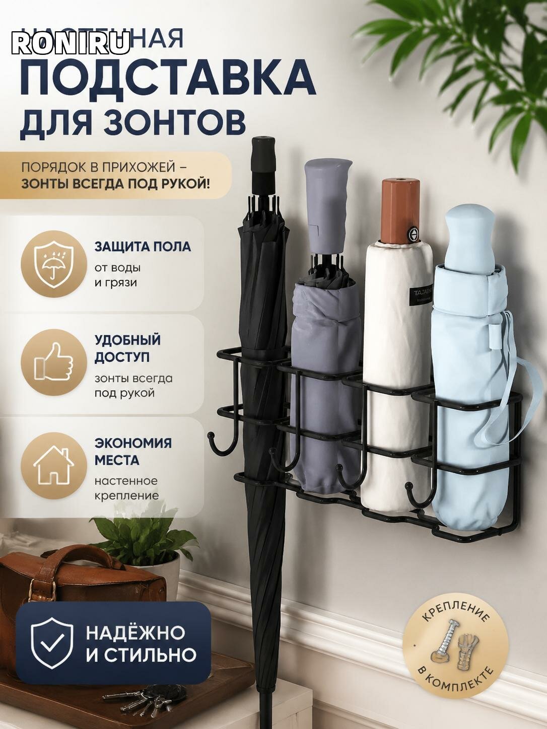 Настенная подставка для зонтов — удобное хранение и защита пола в прихожей, быстрый доступ к зонтам и порядок!