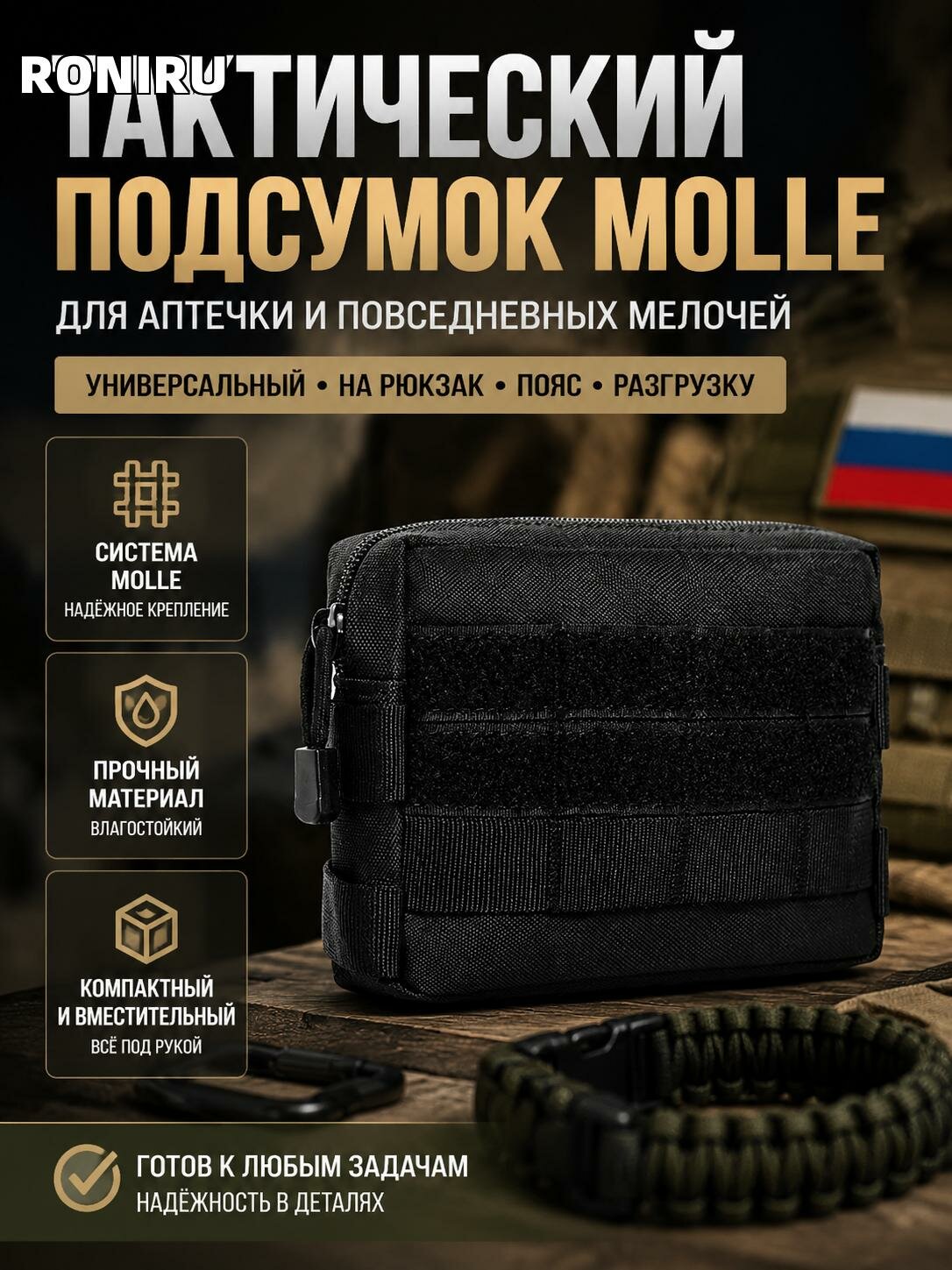 Тактический подсумок MOLLE для аптечки и повседневных мелочей — универсальный подсумок на рюкзак, пояс и разгрузку
