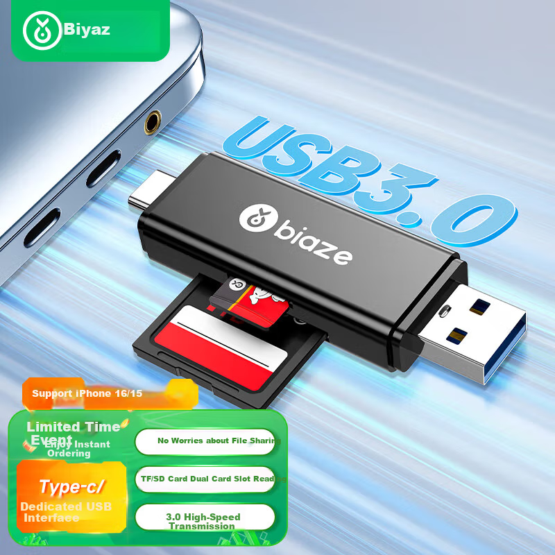 BIAZE USB3.0 высокоскоростной картридер SD/TF с двойным интерфейсом для iPhone 17/16/15 и зеркальных камер с Type-C