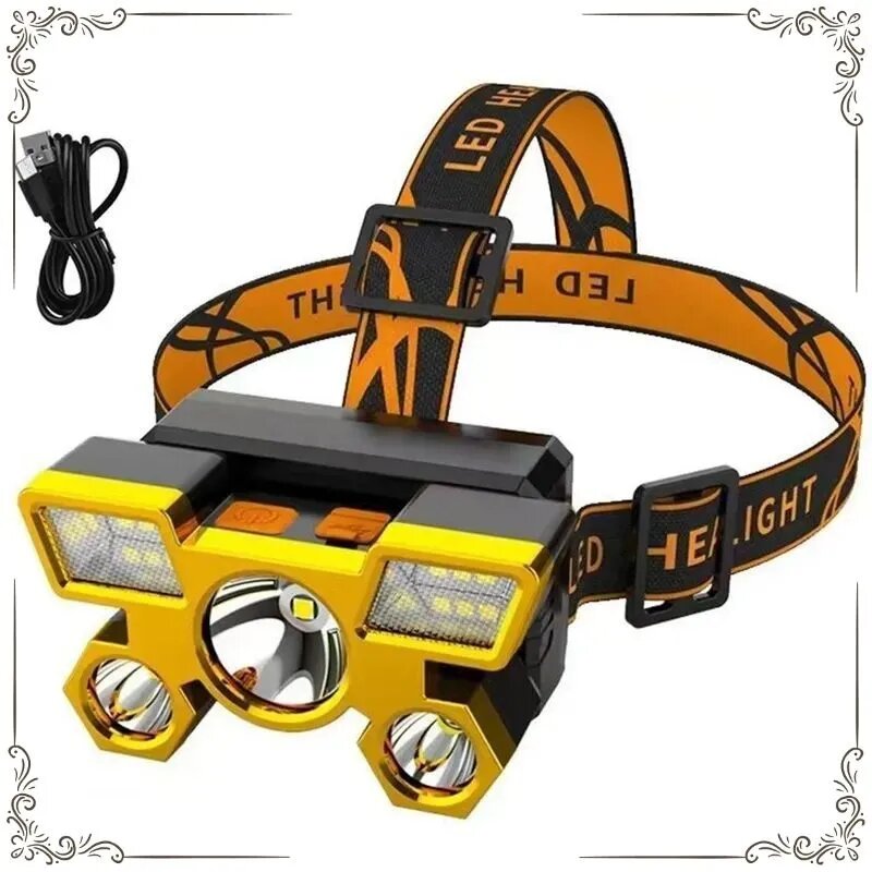 Налобный фонарь, 3 режима, 100 м, IP65, с USB-зарядкой, Оранжевый, 107 г