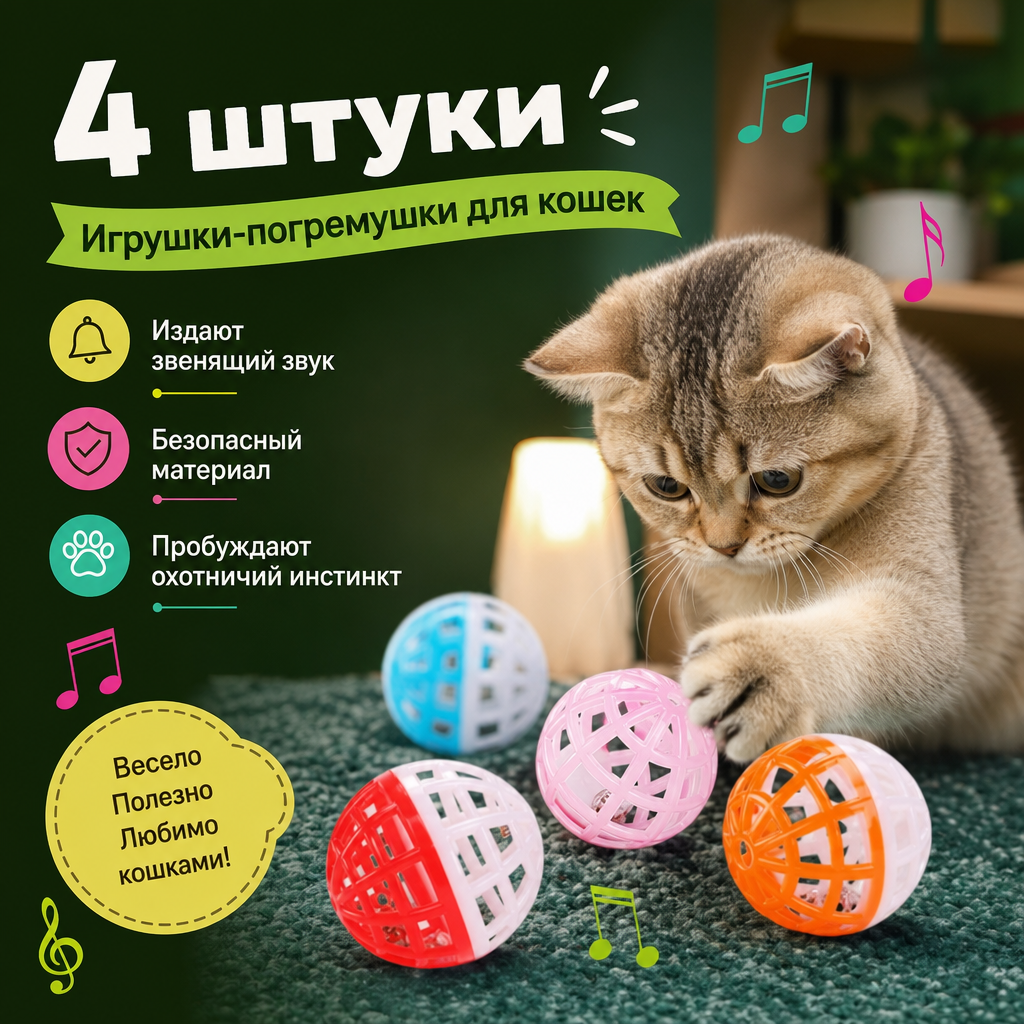 Набор звенящих мячиков для кошек и собак, звонкий колокольчик, для активной игры, набор 4 шт.