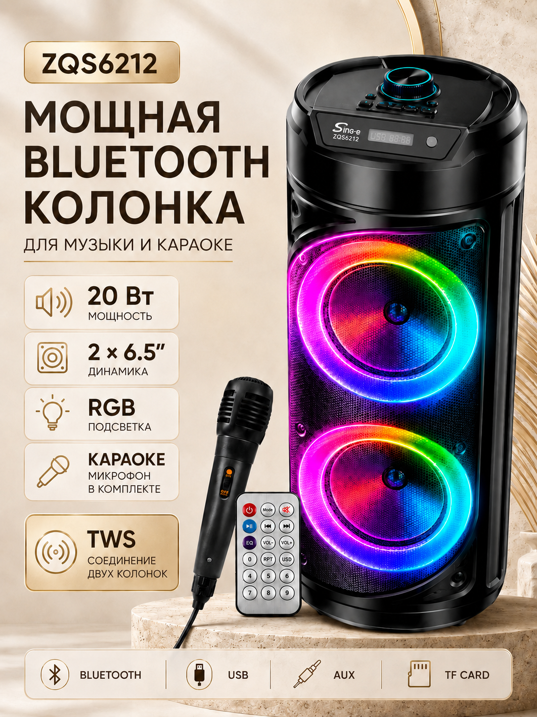 Беспроводная портативная колонка 6212 с Bluetooth, пульт, микрофон, караоке, USB, AUX, micro SD