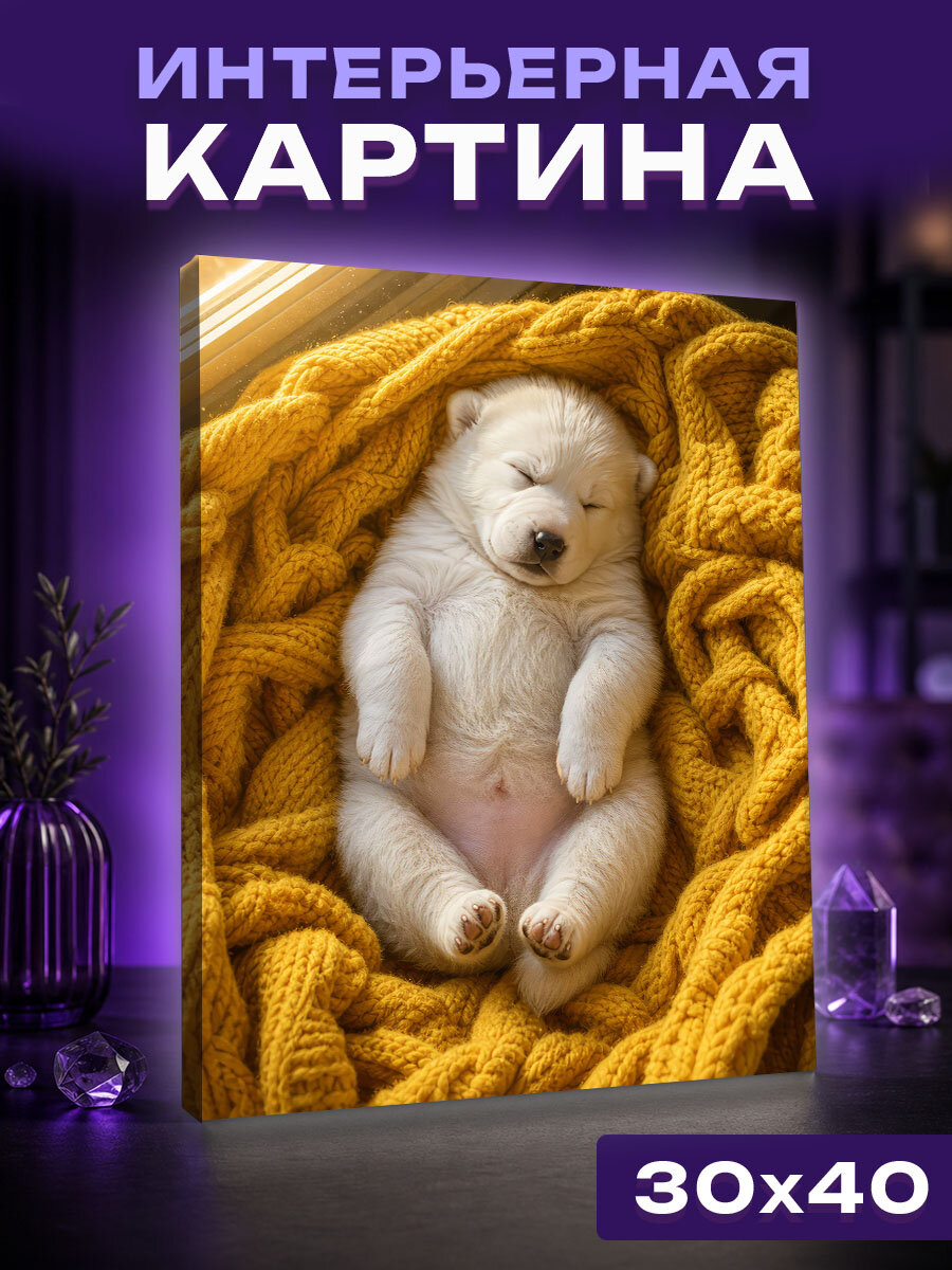 Интерьерная картина Сон белого щенка в пледе