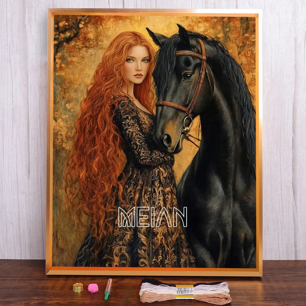 MEIAN Крестный комплект стежка,30x40CM, Чистый холст с сеткой,40 цветов14CT, Женщина, которая подписывает лошадь