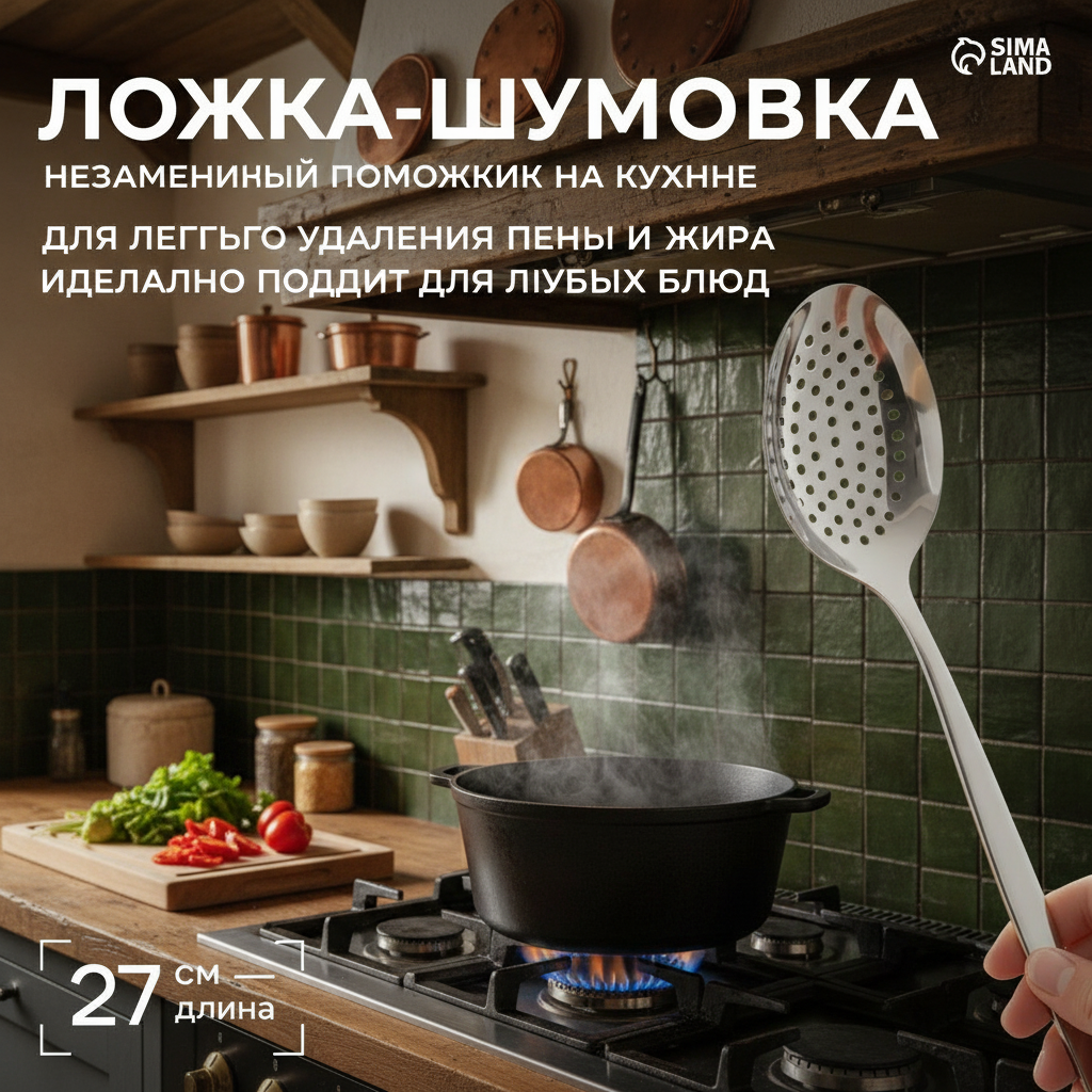Ложка для бульона 27 см нержавеющая сталь серебро 2.5 мм