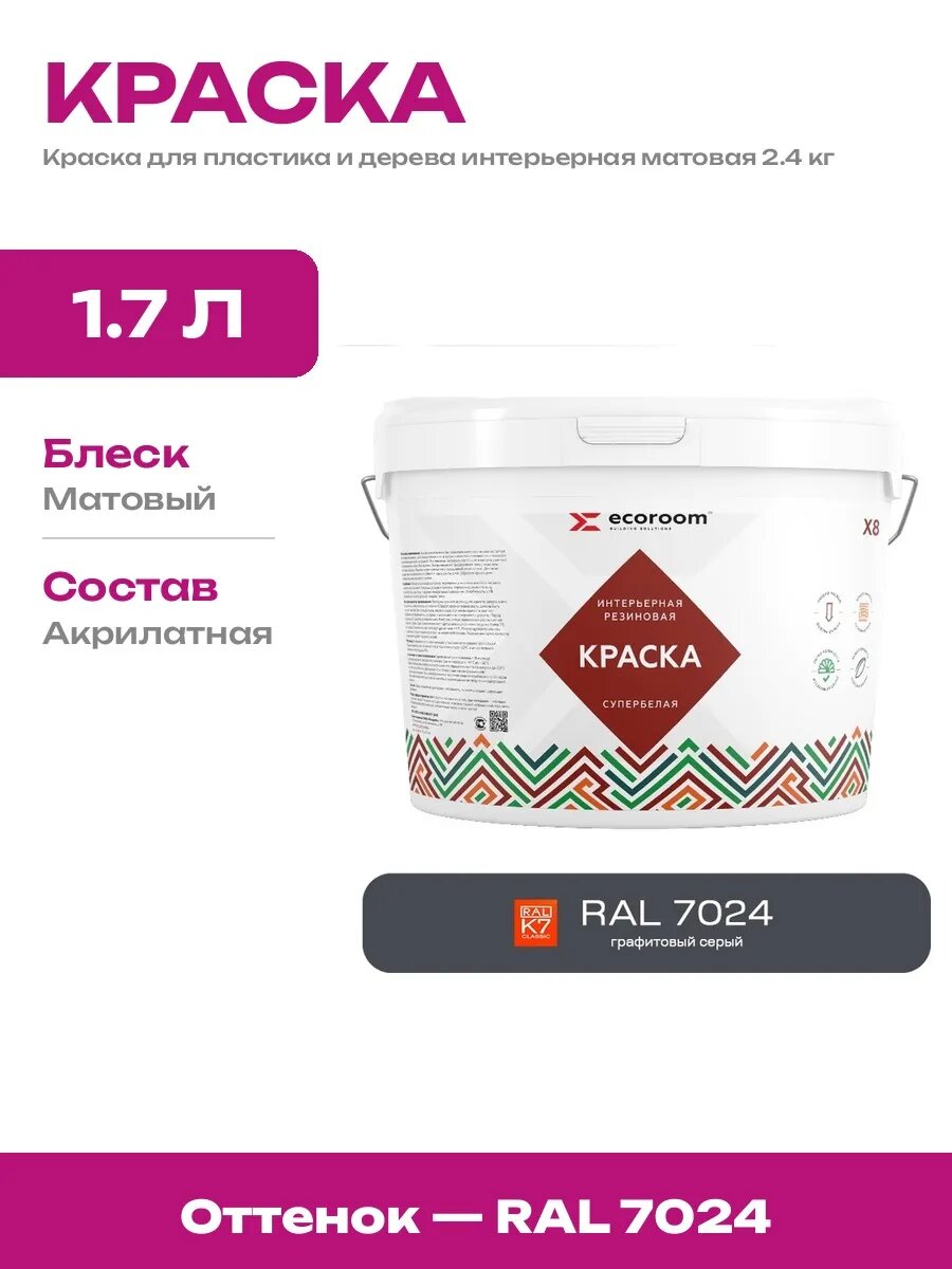 Краска резиновая интерьерная матовая графитовый серый 2.4 кг