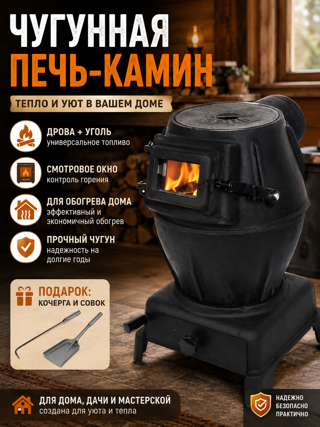 Отопительная печь, дровяная и угольная, смотровое окно, обогрев дома, дачи и гаража