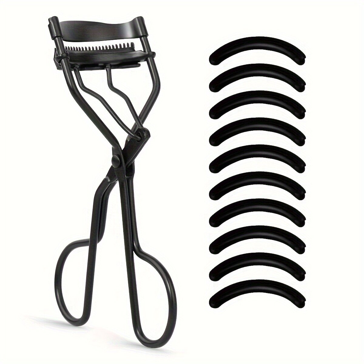 Портативные щипцы для завивки ресниц из черной нержавеющей стали, с расческой и 10 черными резиновыми накладками, для женщин