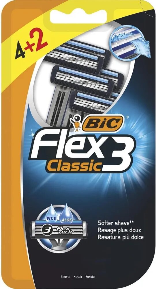 Мужская бритва BIC Flex 3, 6 лезвий в блистере (3 шт.), 3 независимо движущихся лезвия, подвижная головка, увлажняющая гелевая полоска, обогащенная алоэ вера