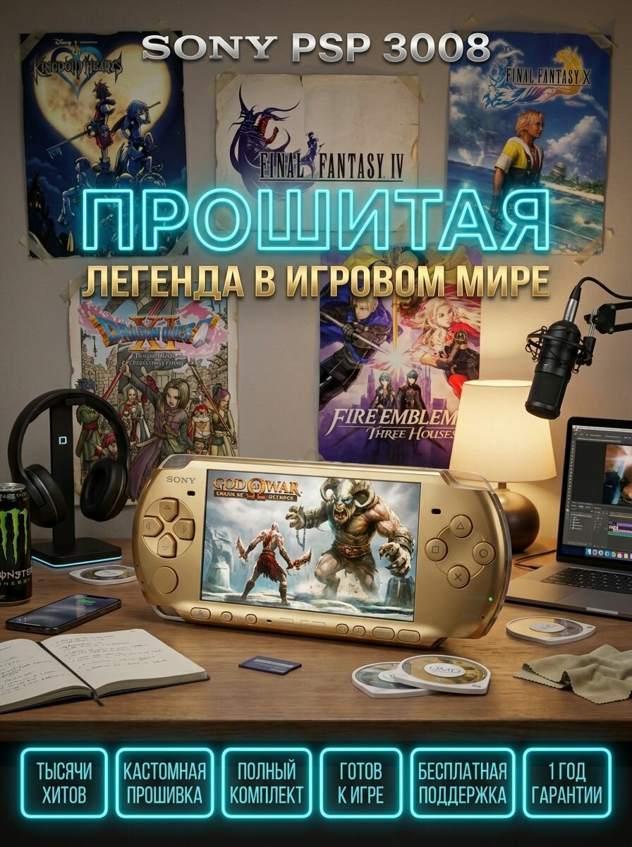 Новая игровая консоль Sony PSP 3008 Slim Gold 64Gb 3020 ИГР