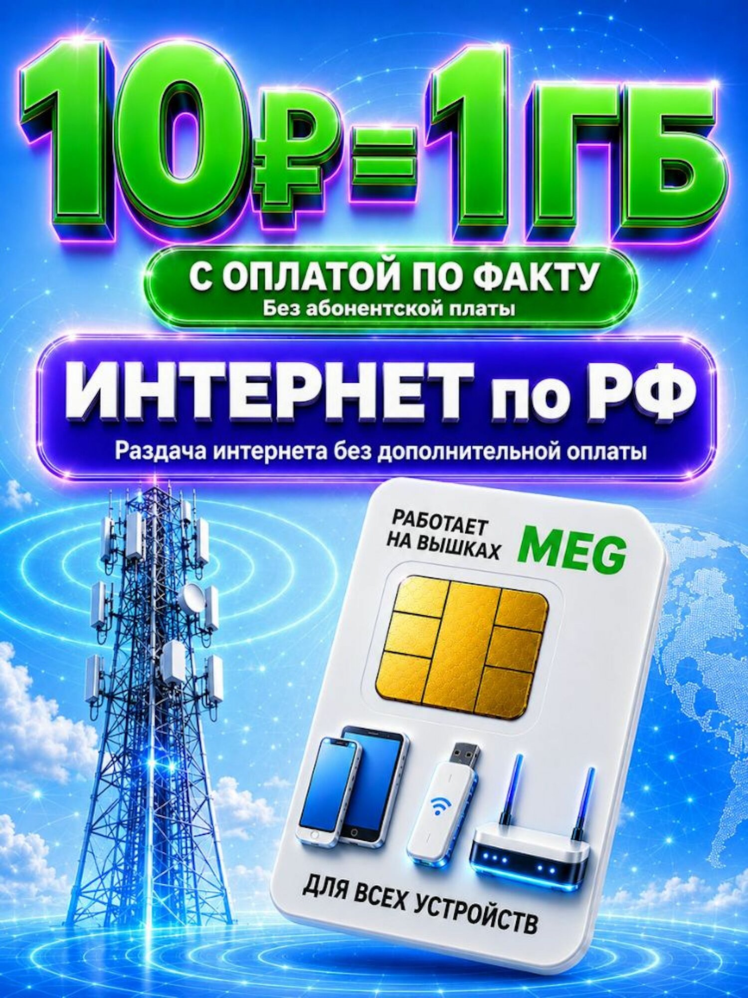 Сим карта с оплатой по факту пользования - тариф 10 руб 1 ГБ по РФ для любых устройств роутер модем камера сотовый FM10