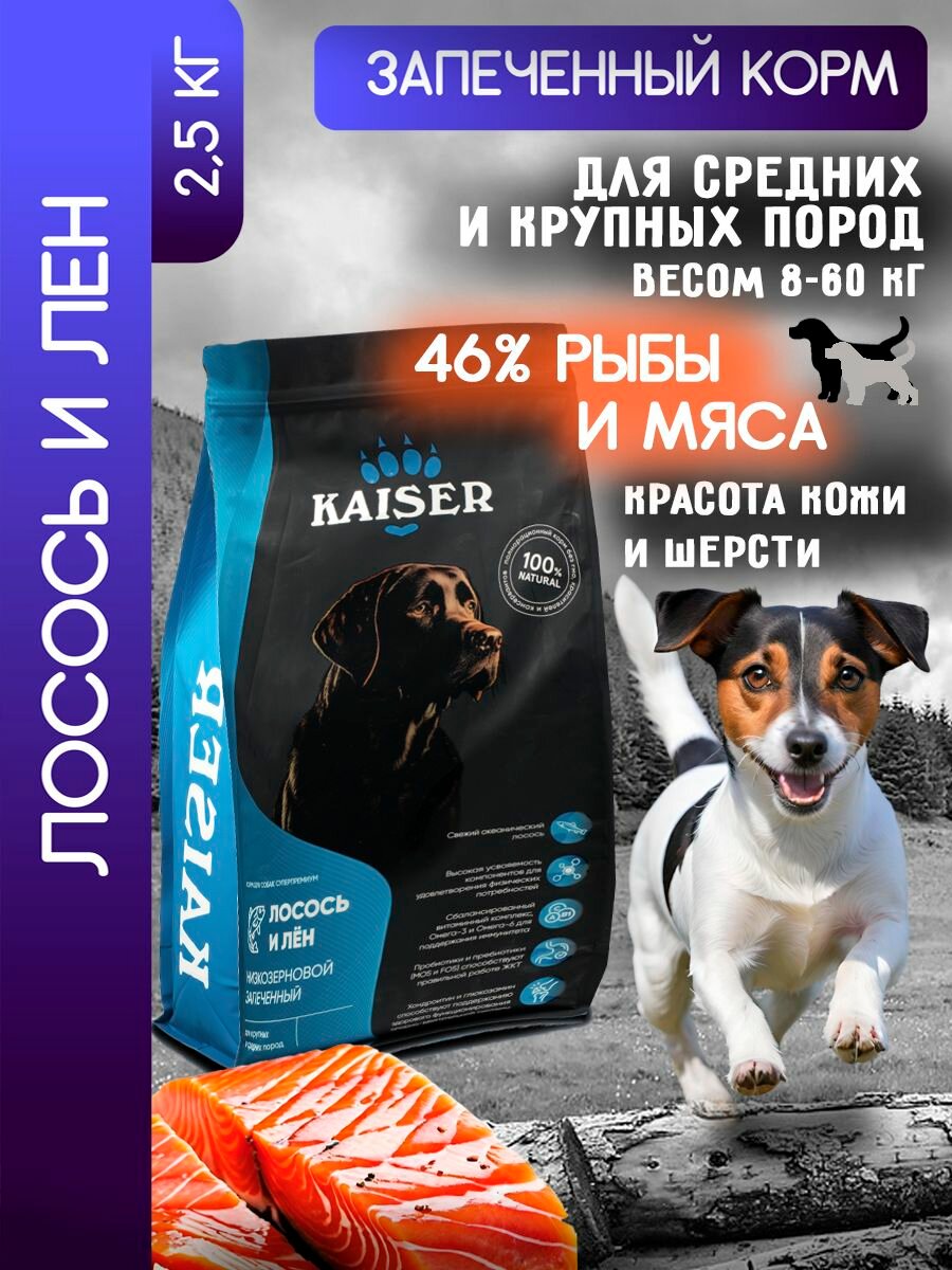 Низкозерновой запеченный сухой корм KAISER для взрослых собак средних и крупных пород Лосось и лен - "Красота кожи и шерсти" 2,5 кг средние и крупные породы для кожи и шерсти с лососем и льном