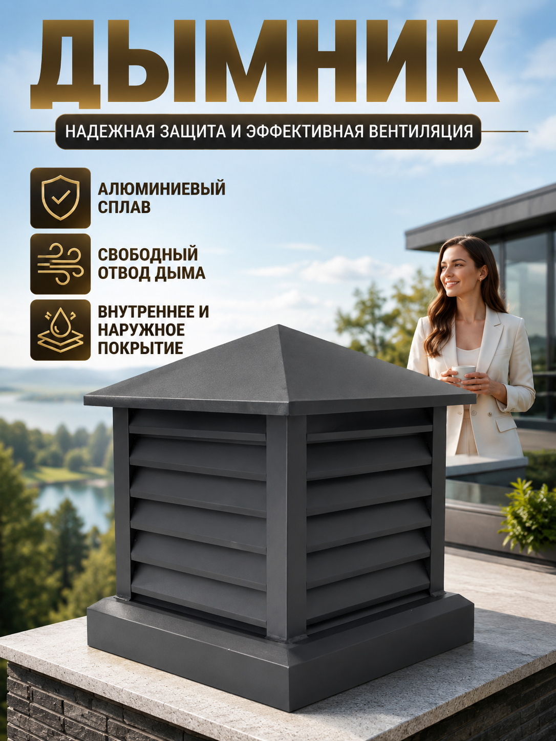 Вентиляционный дефлектор металлический темно-серый с ламелями, защитное устройство для вытяжного канала на крыше здания,44, сталь, false,1,