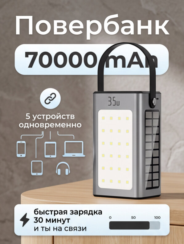Внешний аккумулятор 70000mAh с солнечной батареей / повербанк с фонарем Power Bank черный
