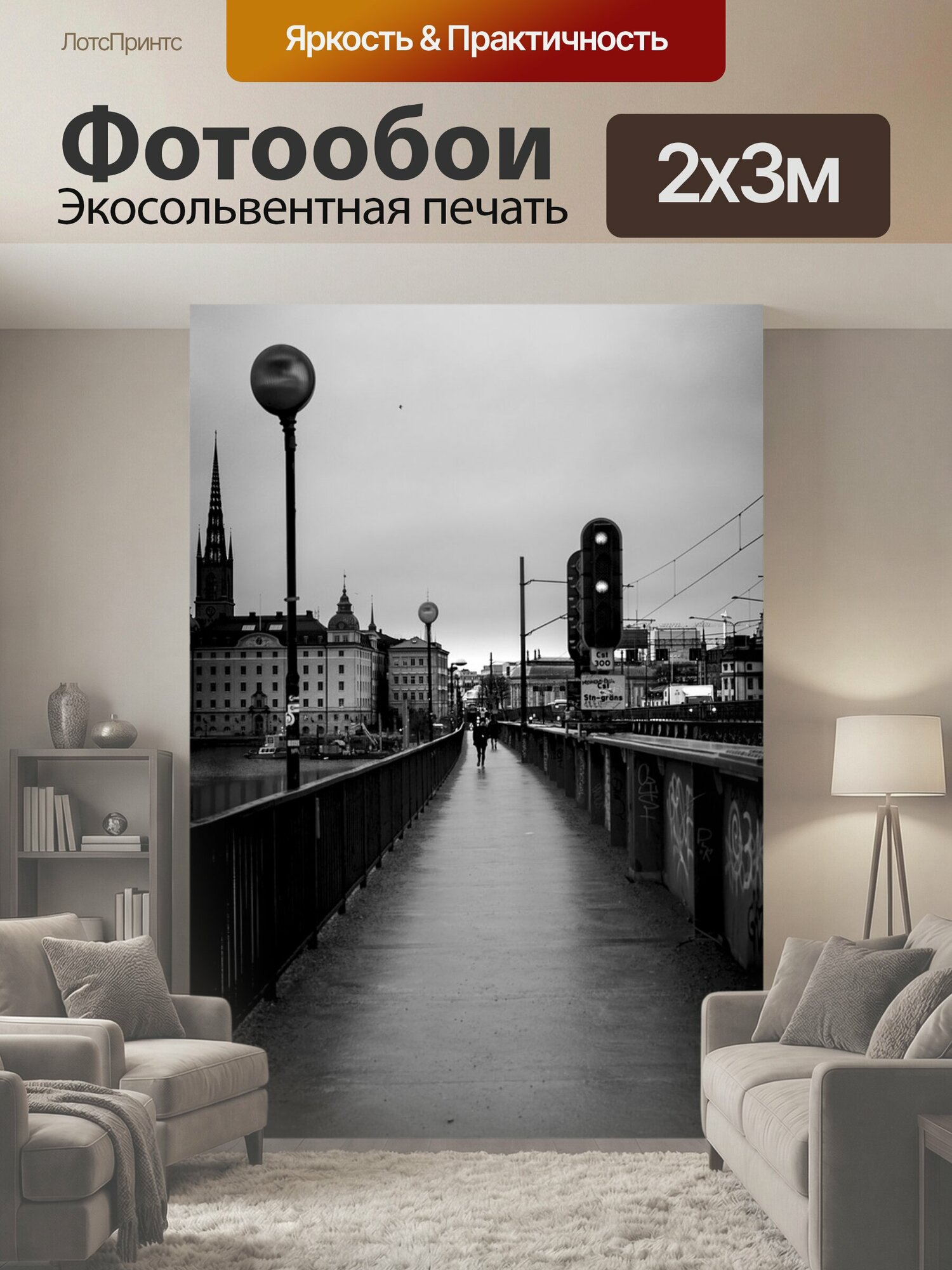 Фотообои "Стокгольм, черно-белый, город" 200x300 см. экосольвентная печать