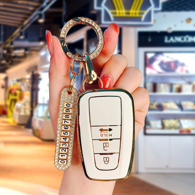 Toyota Smart Three-Button Key Fob Case White Shell with Star Diamond Ring and Number Plate for Car Keys